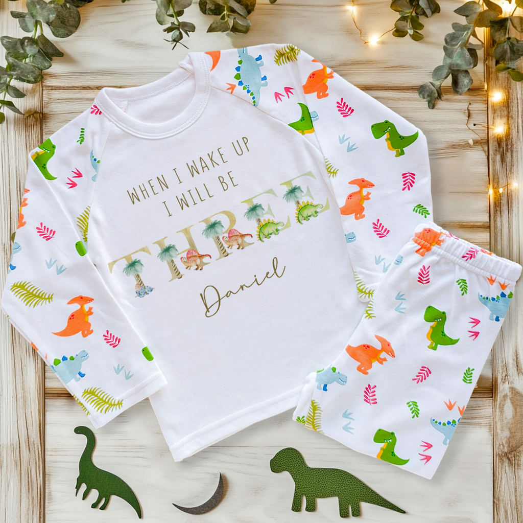 When I Wake Up I Will Be Three Dinosaurs Personalised Kids Pyjamas Set ...