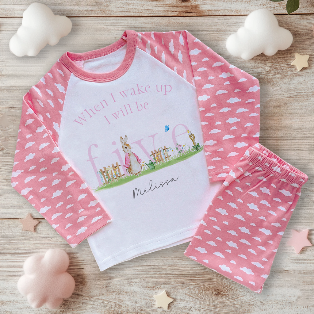 5th Birthday Personalised Pink Girl Peter Rabbit Inspired Kids Pyjamas ...