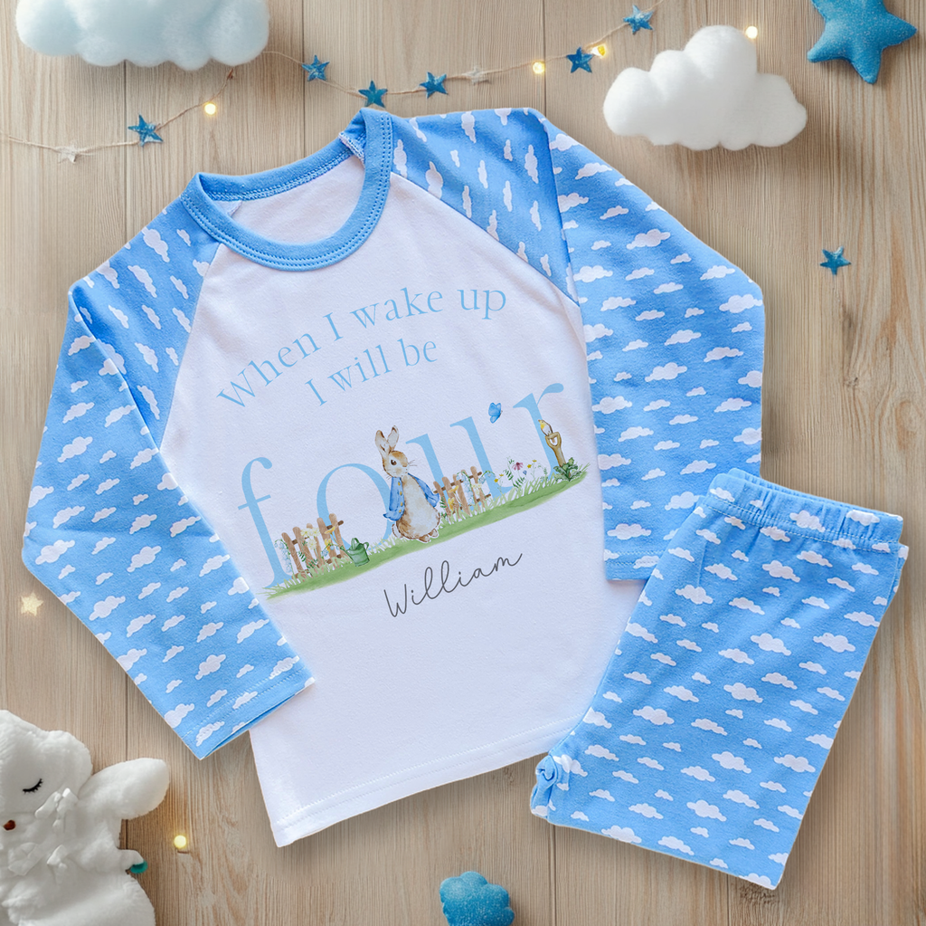 4th Birthday Personalised Blue Boy Peter Rabbit Inspired Kids Pyjamas ...