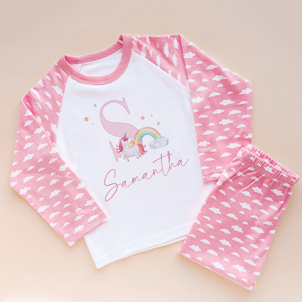 Personalised Name Rainbow Unicorn Pink Toddler & Kids Pyjamas Set ...